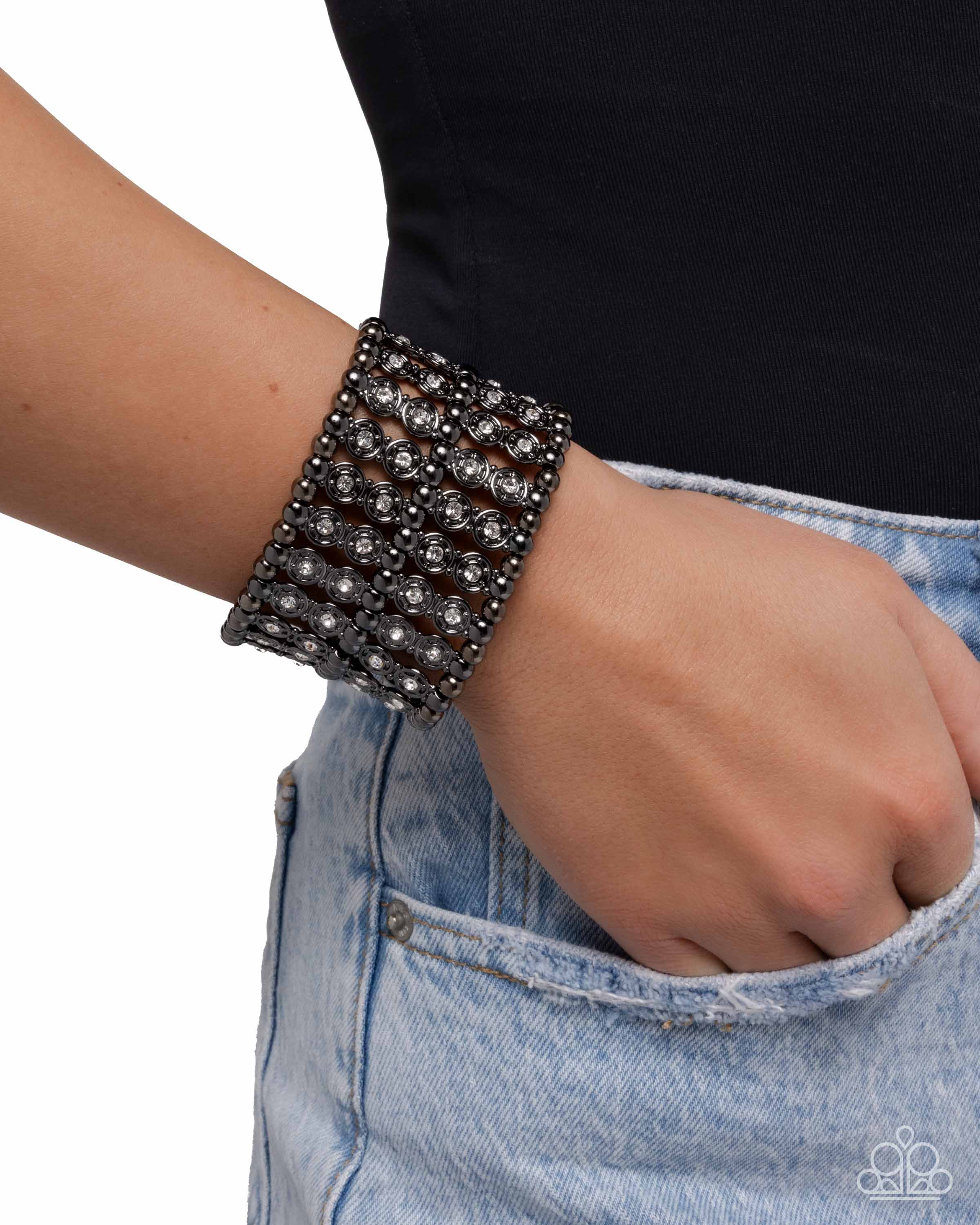 Stacked Significance - Black Gunmetal & White Rhinestone Stretch Brace ...